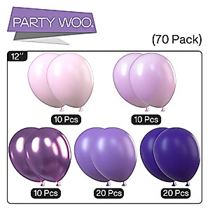 PartyWoo Purple Balloons, 70 Pcs 12 Inch Pastel Purple Balloons, Lilac Balloons, Violet Balloons, Purple Metallic Balloons for Purple Party Decorations, Purple Birthday Decorations, Purple Baby Shower