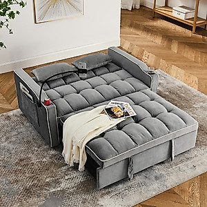 Bellemave Foldable Sofa Bed with Phone Holder, Pull Out Velvet Loveseat Sleeper with 2 USB Charging Ports, Modern Futon Couch with Cup Holders and Adjustable Backrest, for Living Room, Gray