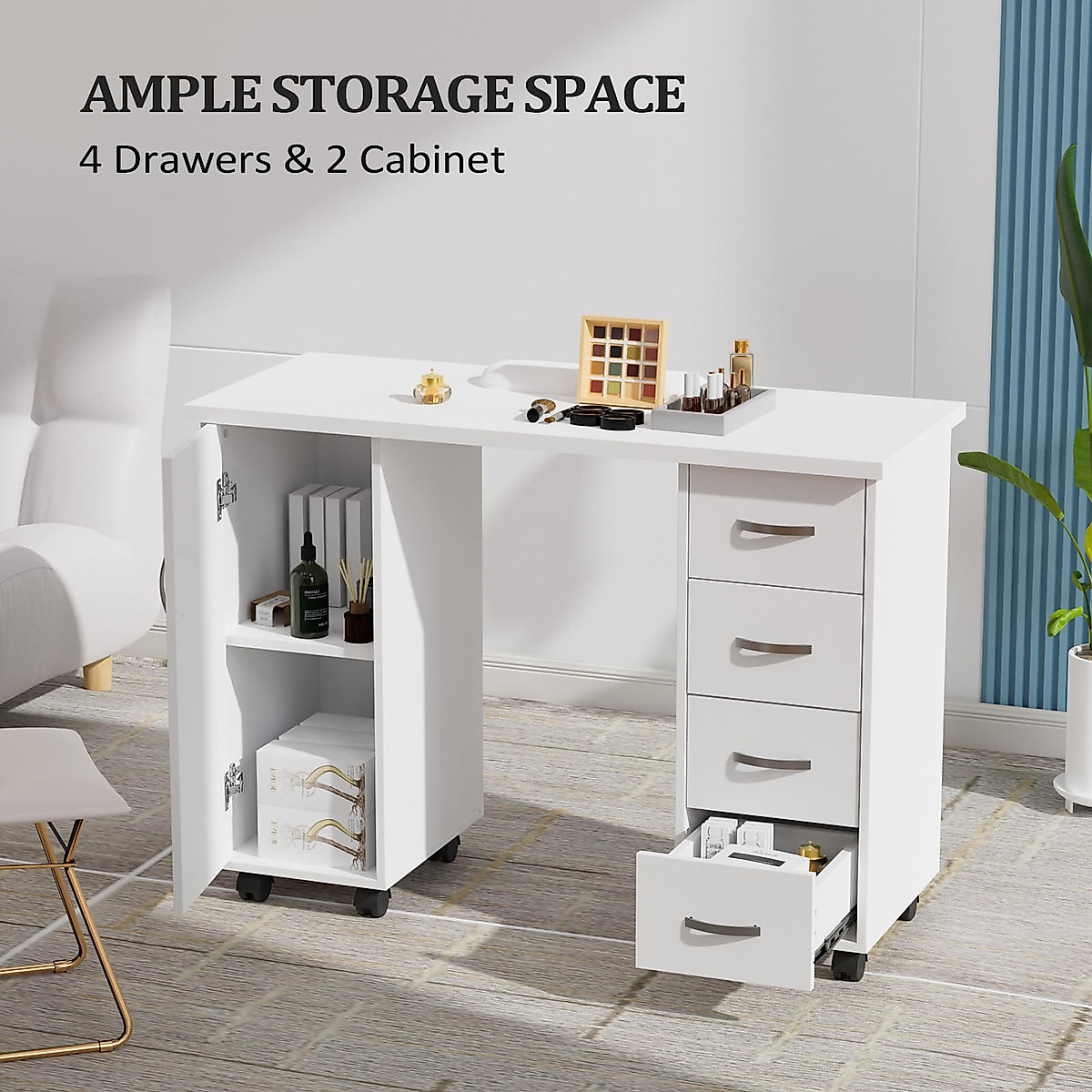 mefeir Manicure Table Nail Desk w/Cabinet, Drawers, Wheels & Wrist Rest, Spa Salon Beauty Home Wooden Technician Workstation Nail Art Equipment for Nail Tech