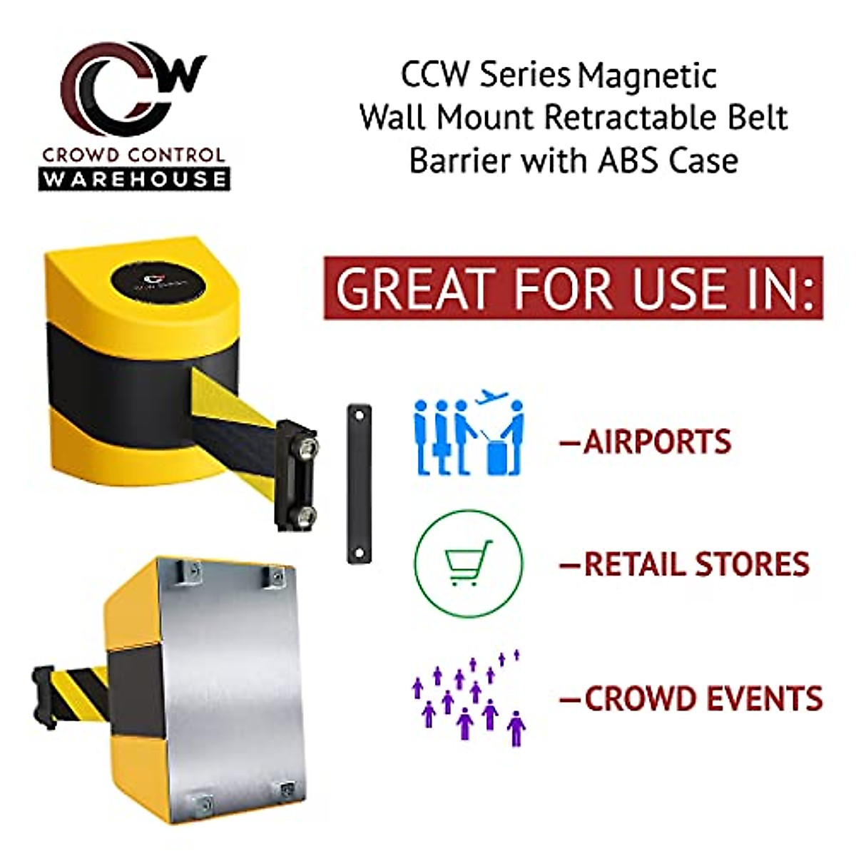 Crowd Control Warehouse CCW-05-022-01529 Series WMB-220 Magnetic Wall Mount Retractable Belt Barrier with Yellow ABS Case, Yellow with "Caution - DO NOT Enter" Black Letters Belt, 15' Belt Length