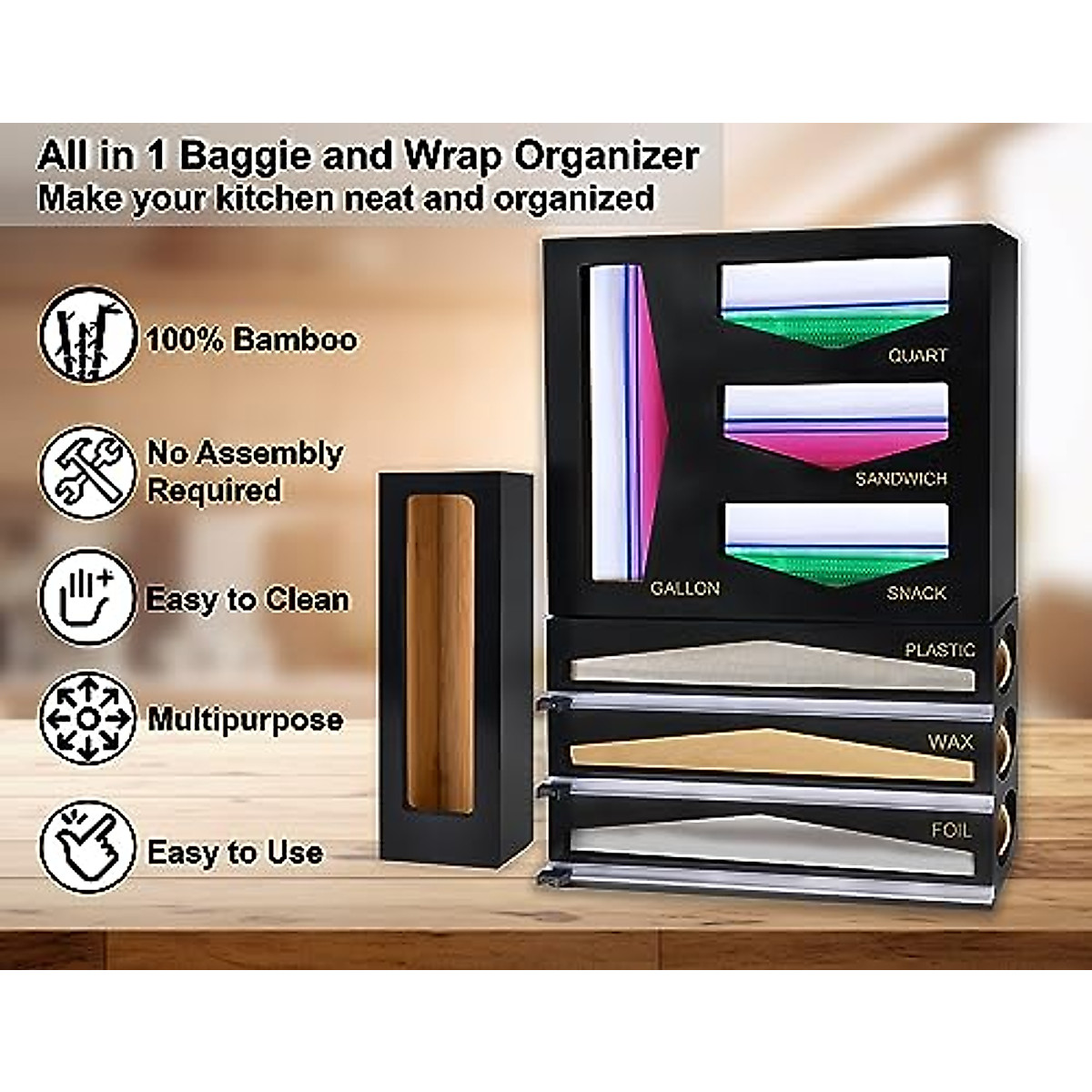 BAMBOO HEAVEN Wooden Ziplock Bag Organizer with Foil and Plastic Wrap Organizer with Cutter and Labels - Black Bamboo | Wax Paper, Plastic Wrap & Aluminum Foil Roll Dispenser with Slide Cutter