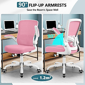 MINLOVE Office Chair Ergonomic Desk Chair with Adjustable Lumbar Support and Height, 90° Flip-up Armrests, Ergo Desk Chairs with Wheels, Home Work Use (Pink)