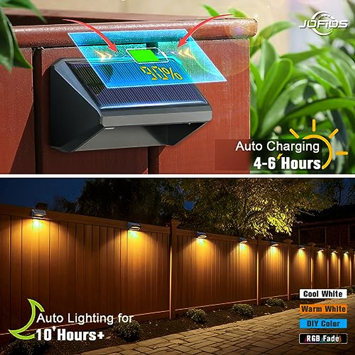 JOFIOS Solar Fence Lights, 8Modes Warm White, Cool White and RGB, Lights Outdoor Waterproof, Solar Power Deck Lights Perfect for Patio, Yard, Wall, Fence, Step. (6pack)