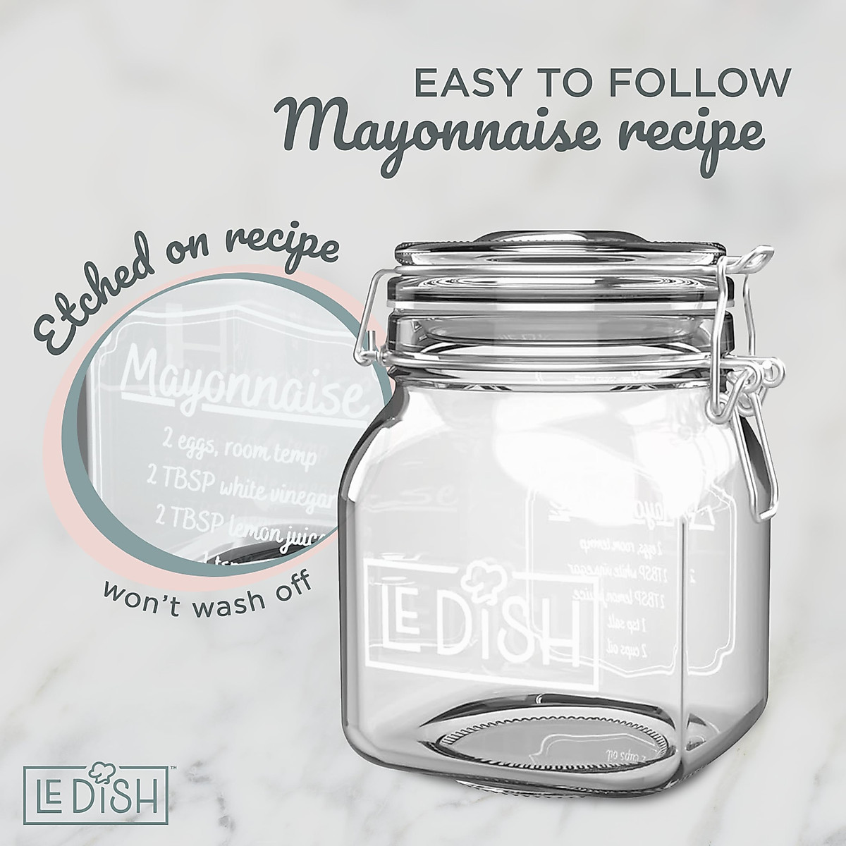 Le Dish Wide Mouth Mason Jar 32 oz | Homemade Mayonnaise Jar with Recipe - Airtight 32 oz Mason Jar with Lid - Large Glass Jar Wide Mouth for Mayonnaise, Canning, Fermenting & Pickling