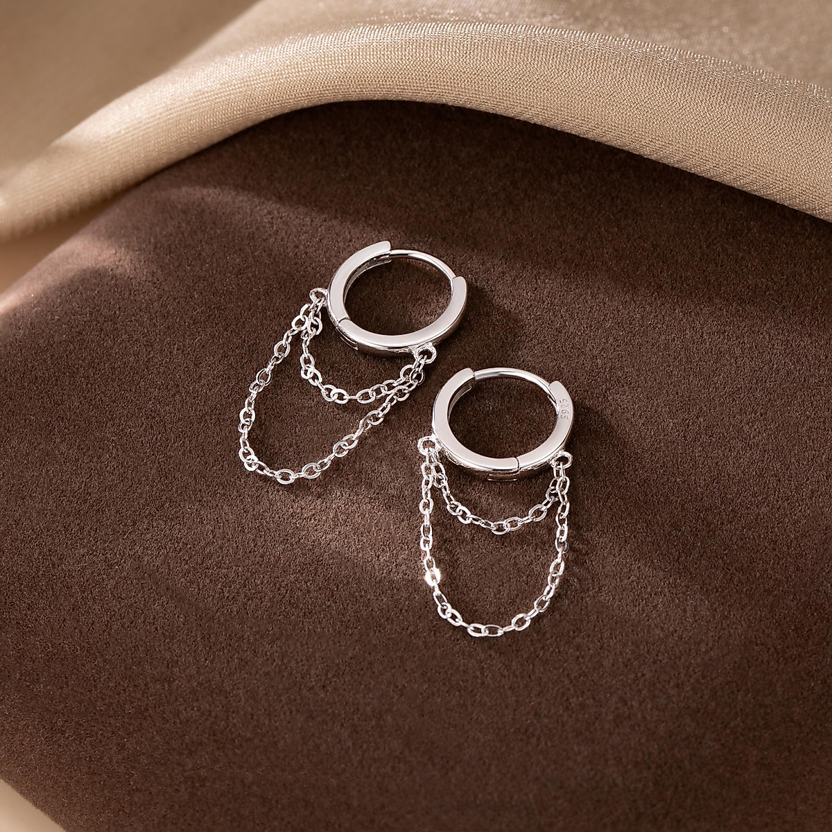 Reffeer 925 Sterling Silver Tassel Chain Drop Dangle Small Hoop Earrings Huggie for Women Teen (Silver)