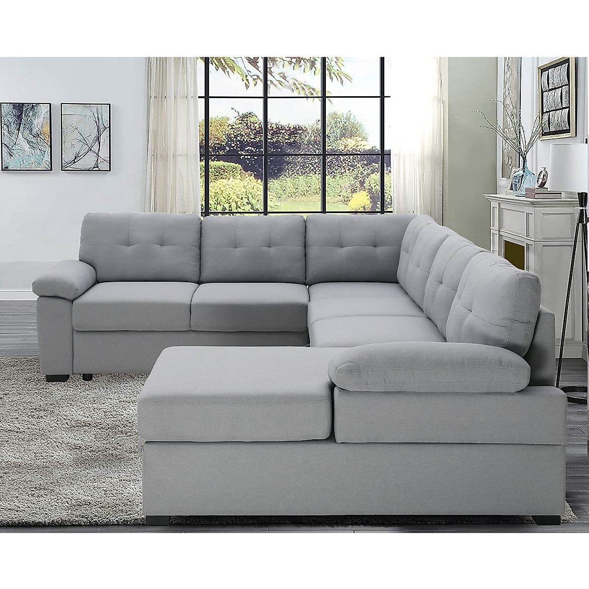 Sleeper Sofa Pull Out Couch with Storage, Modular Sectional Sofa Bed with Chaise Lounge, Modern Comfy 6 Seater U Shape Couch Bed for Living Room, Apartment, Home Office(Grey)