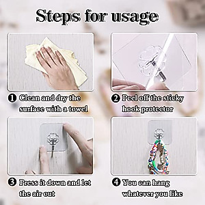 48Pcs Adhesive Hooks 22lb(Max) Heavy Duty Wall Hooks Waterproof Oilproof Utility Hooks Clear Reusable Strong Sticky Self Adhesive Hooks Coat Hat Towel Hanger for Bathroom Shower Kitchen Door