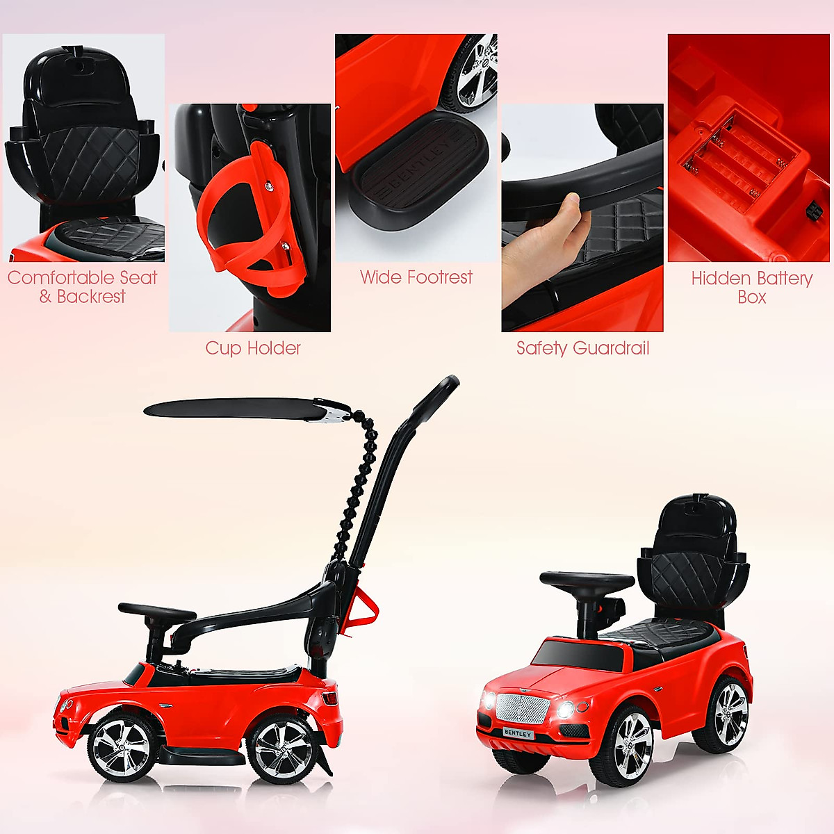 Costzon Push Cars for Toddlers, 3 in 1 Bentley Stroller Sliding Walking Car w/Canopy, Handle, Safety Bar, Cup Holder, Music, Underneath Storage, Foot-to-Floor Ride On Toy for Boys & Girls, Red