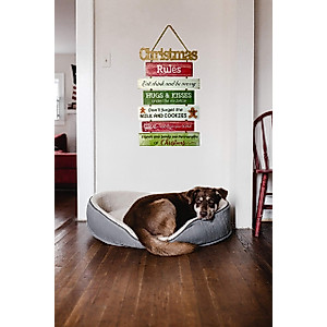 Christmas Wood Wall Decor Hanging Sign, Rustic Wooden Plaque, Holiday Rules 23" x 13.75" Jute Hanger
