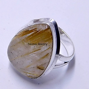 Natural Golden Rutilated Quartz 925 Solid Sterling Silver Ring For Women Handmade Jewelry Gift For Her