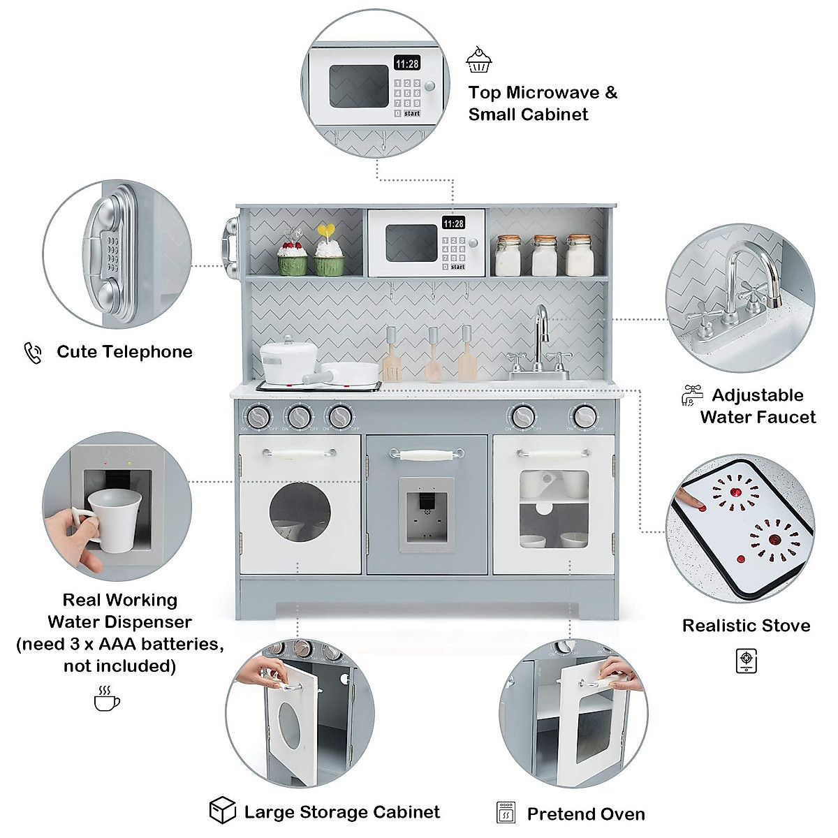 Costzon Kids Kitchen Playset, Wooden Pretend Cooking Playset w/Stove, Fridge, Microwave, Removable Sink, Water Dispenser w/Light Sound, Cabinets, Great Gift for Boys Girls