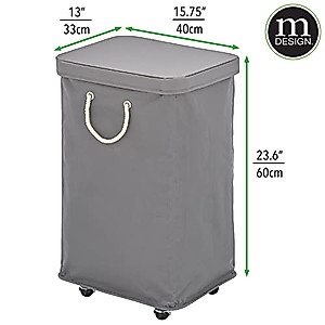 mDesign Large Polyester Rolling Laundry Hamper with Wheels, Removable Lid, and Rope Carrying Handles, Collapsible Hampers with Wheels for Compact Storage, Tall Single Compartment Basket, Charcoal Gray
