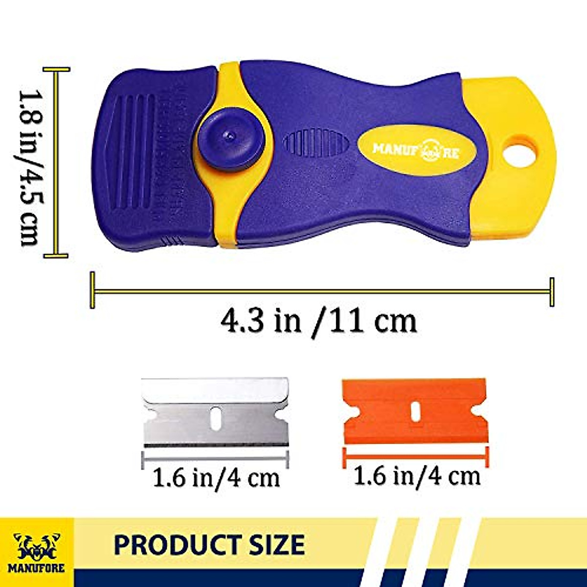 MANUFORE Portable Multi-Purpose Razor Blade Scraper for Cleaning Glass, Stove-top, Window, Floor(1 Scraper, 6 Plastic Blades, 6 Carbon Steel Blades)