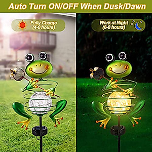 HEDAQI Outdoor Solar Frog Shape Stake Lights with Crackle Glass Globe, Metal Solar Powered Waterproof LED Pathway Ligths for Decor Garden Lawn, Backyard, Patio, Yard, Walkway