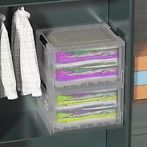 Ortodayes 30 Liter Plastic Foldiable Storage Box, Collapsible Bins with Lid Set of 4, Clear