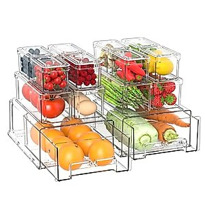 BOICHU Refrigerator Organizers and Storage - 14 Pack Clear Fridge Organizer Bins with Lids and Pull Out Drawers, 3 Size Stackable Fruit Storage Containers for Fridge, Keep Fruit and Vegetable Fresh