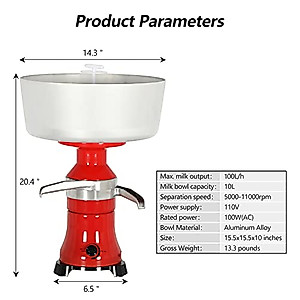 Milk Cream Centrifugal Separator Electric Cream Separator Stainless Steel 100L/H Goat Cow Milk Separator Turning Raw or Whole Milk into Cream and Skim Milk for 110V 100W