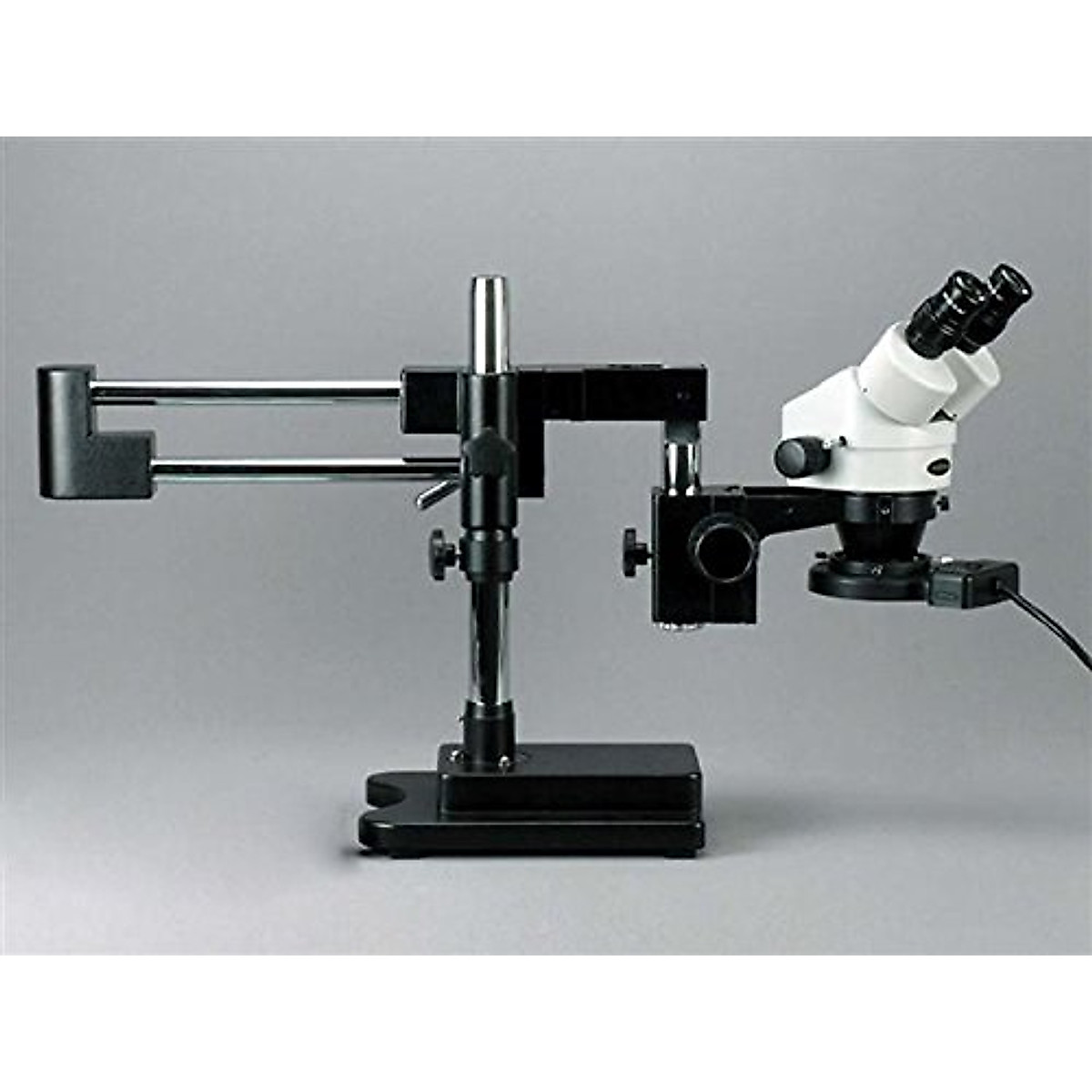 AmScope SM-4BZ-FRL-B Professional Binocular Stereo Zoom Microscope, WH10x Eyepieces, 3.5X-90X Magnification, 0.7X-4.5X Zoom Objective, 8W Fluorescent Ring Light, Black Double-Arm Boom Stand, 110V-120V, Includes 0.5x and 2.0x Barlow Lenses