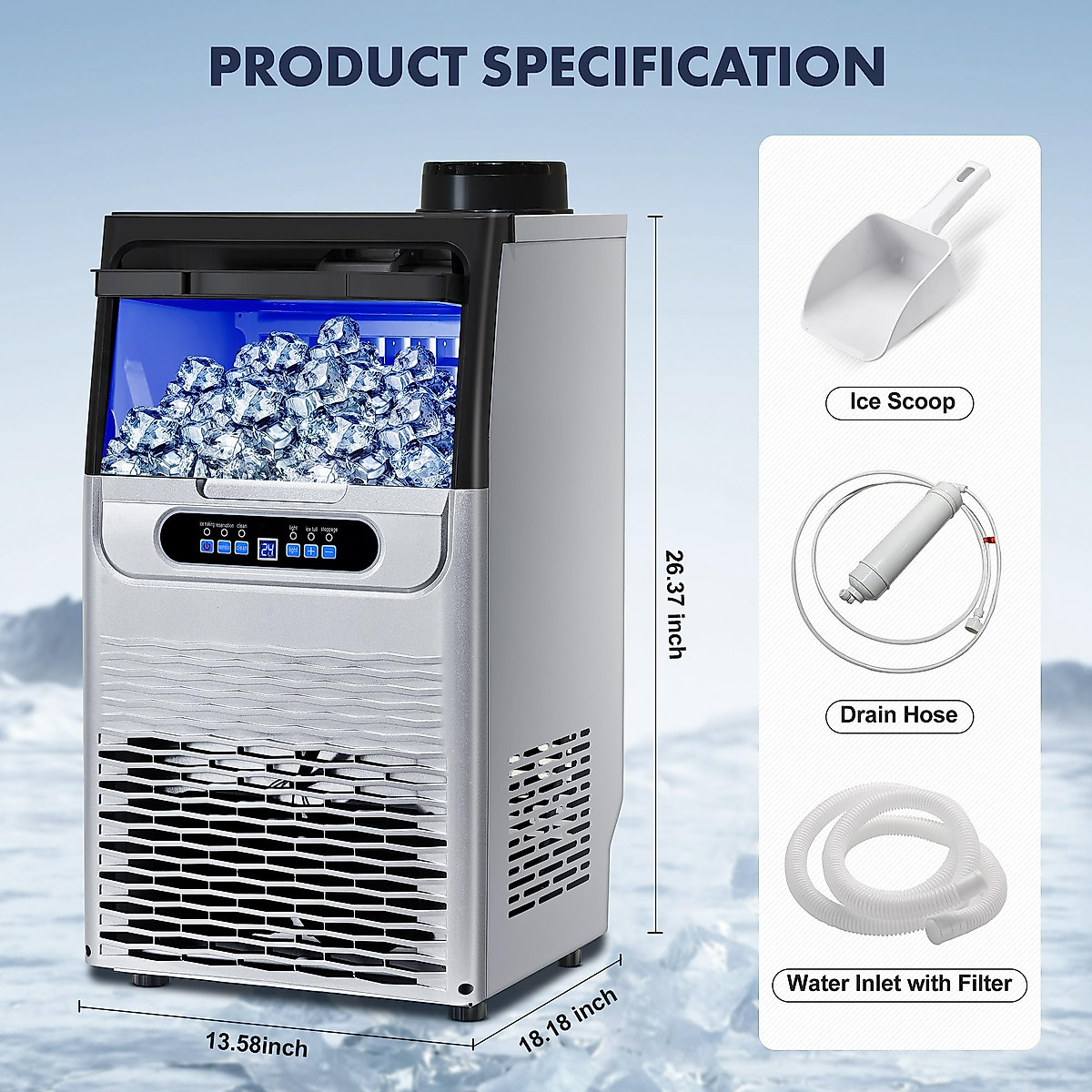 Zomagas Commercial Ice Maker Machine, 80LBS/24H Under Counter Ice Maker, Stainless Steel Freestanding Ice Machine with 13LBS Bin, Self-Cleaning, Scoop, Ideal for Home Bar Offices
