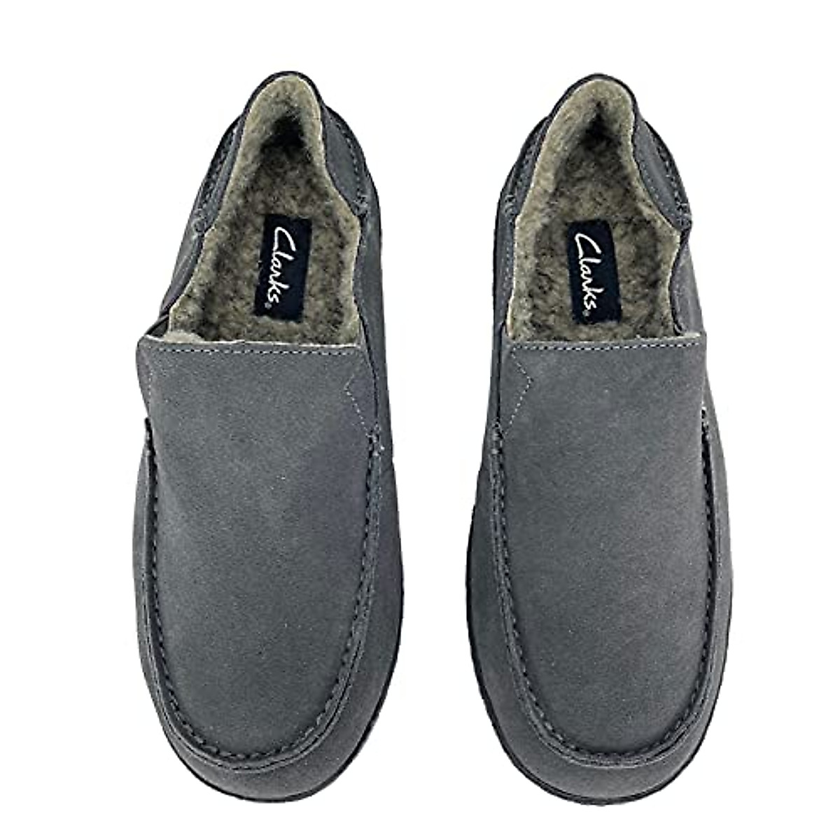 Clarks Mens Suede Slipper With Collapse Heel and Twin Gore JMH2043 - Warm Plush Faux Sherpa Lining - Indoor Outdoor House Slippers For Men (12 M US, Grey)