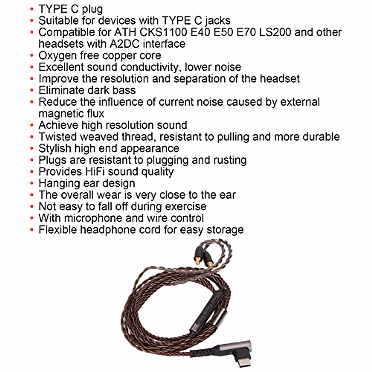 Eulbevoli Earphone Upgrade Cable, HiFi Headphone Wire OFC Core Wire Control Tensile with Mic for E50 for LS300 for ATH