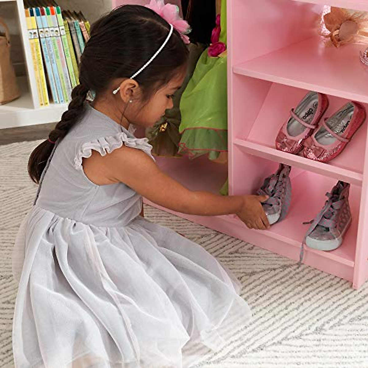 KidKraft Wall Mount Wooden Fashion Pretend Dress-Up Station Children's Furniture with Storage and Mirror - Pink, Gift for Ages 3+