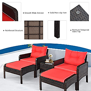 HAPPYGRILL 5PCS Patio Furniture Set Outdoor Rattan Wicker Conversation Set with Coffee Table Cushioned Sofas and Ottoman Chat Set for Garden Backyard