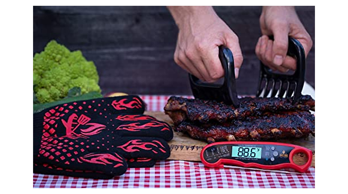 BBQ Gloves, Meat Thermometer & Claws - 3-in-1 Grilling Set