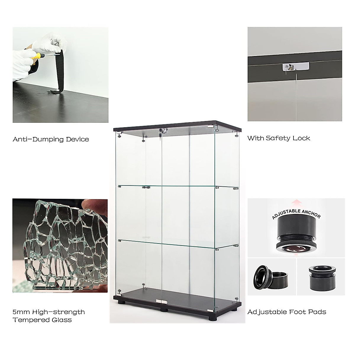 Shengrunner Frameless Glass Display Cabinet, Curio Cabinet Display Case with Lock and 2 Doors, Quick-Install Floor Standing Showcase Display Shelf for Collectibles, Legos, Figures, Plants