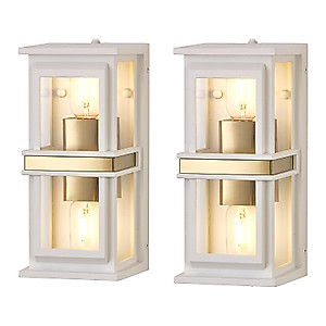 MSTETO Dusk to Dawn Sensor Outdoor Wall Light Fixtures Set of Two, Modern White & Gold Aluminium Alloy Porch Lights, Exterior Waterproof Wall Sconces with Glass Shades for Garage, Patio, Front Door