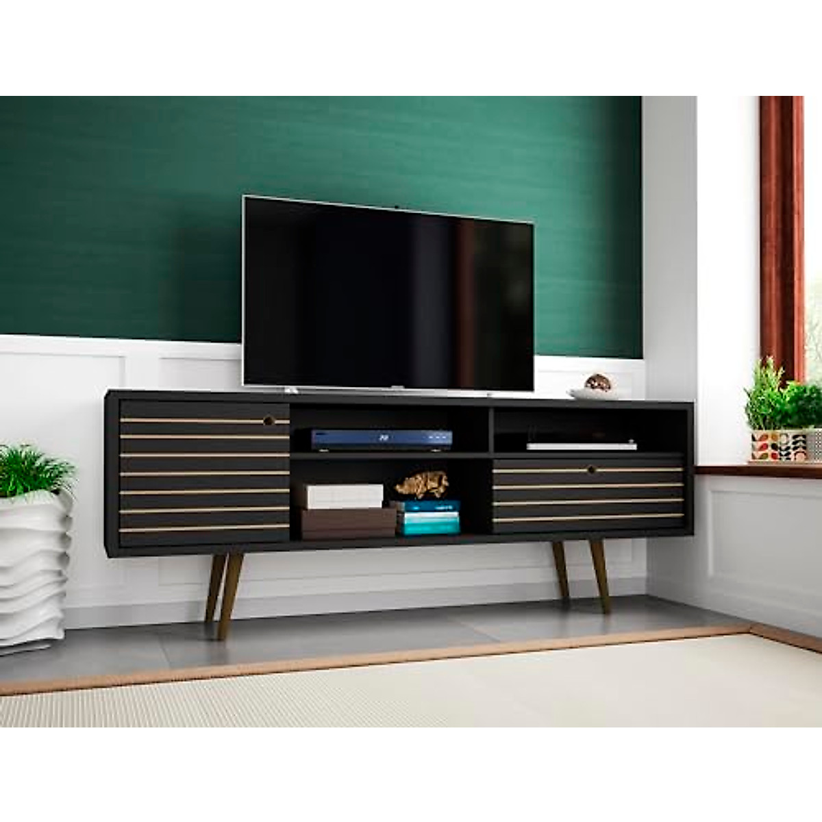 Manhattan Comfort Liberty Mid Century Modern TV Stand for Televisions up to 65 Inches, Bedroom and Living Room Entertainment Center with Storage, Shelves, and Cabinet, 71" Wide, Black