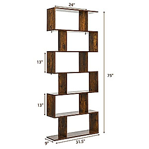 Augester 6-Tier Bookshelf, Wood S-Shaped Bookcase with Anti-toppling Device, Freestanding Display Shelf for Living Room, Bedroom, Office (Coffee)