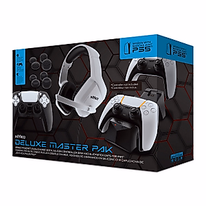 Deluxe Master Pak for PlayStation®5 | Dual Controller Charge Base | High Quality Wired Ergonomic Headset Designed for Over Ears | Silicone Grip Controller Cover and 8 Thumb stick Caps