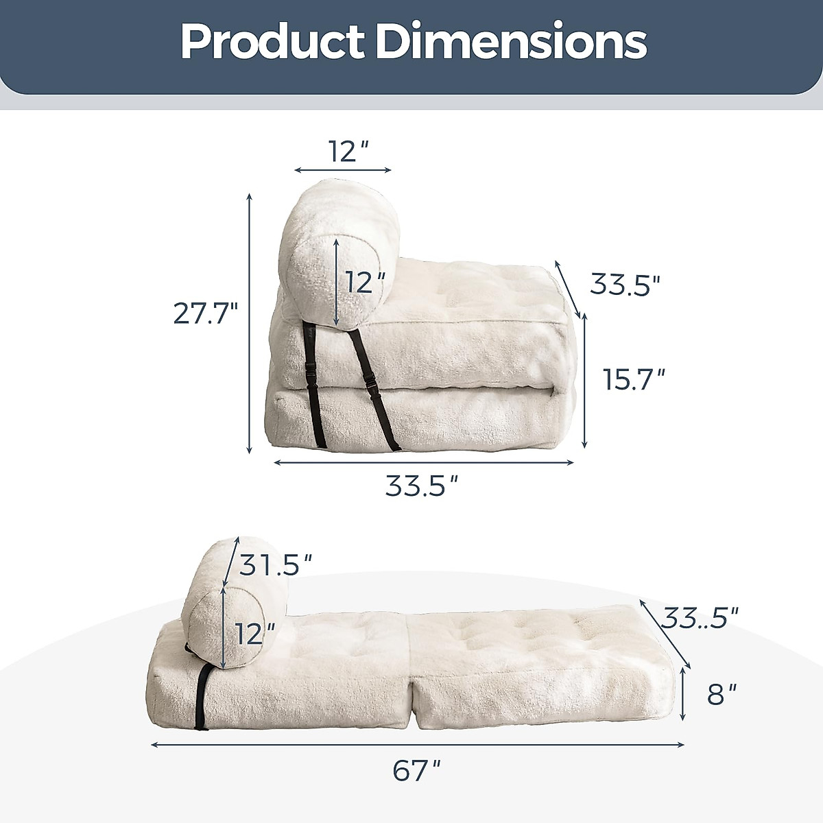 MAXYOYO Folding Sofa Bed, Boucle Sleeper Chair with Bolster Pillow, Convertible Fold Out Chair Bed, Floor Sofa Lounge for Living Room Bedroom, Beige