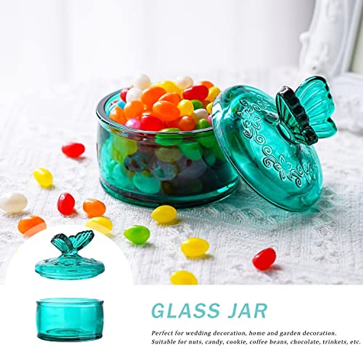 kanpura Green Embossed Glass Jar with Lid,Crystal Glass Candy Dish,Candy Jars Jewelry Box for Wedding Party Buffet, 3.5 oz