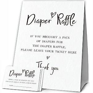 JCVUK Baby Shower Games, 1 Diaper Raffle Standing Sign with 50 Diaper Raffle Tickets, Hello Baby, Modern Minimalist Theme Gender Reveal Party Decorations and Supplies For Boys or Girls(LBLK-A09)