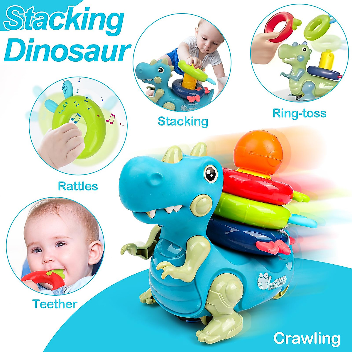 Popsunny Baby Musical Crawling Toy Aged 6-12 Months, Dinosaur Toddler Walking and Stacking Toys with Music & Light, Infant Learning Tummy Time Toy Gift for Boys Girls