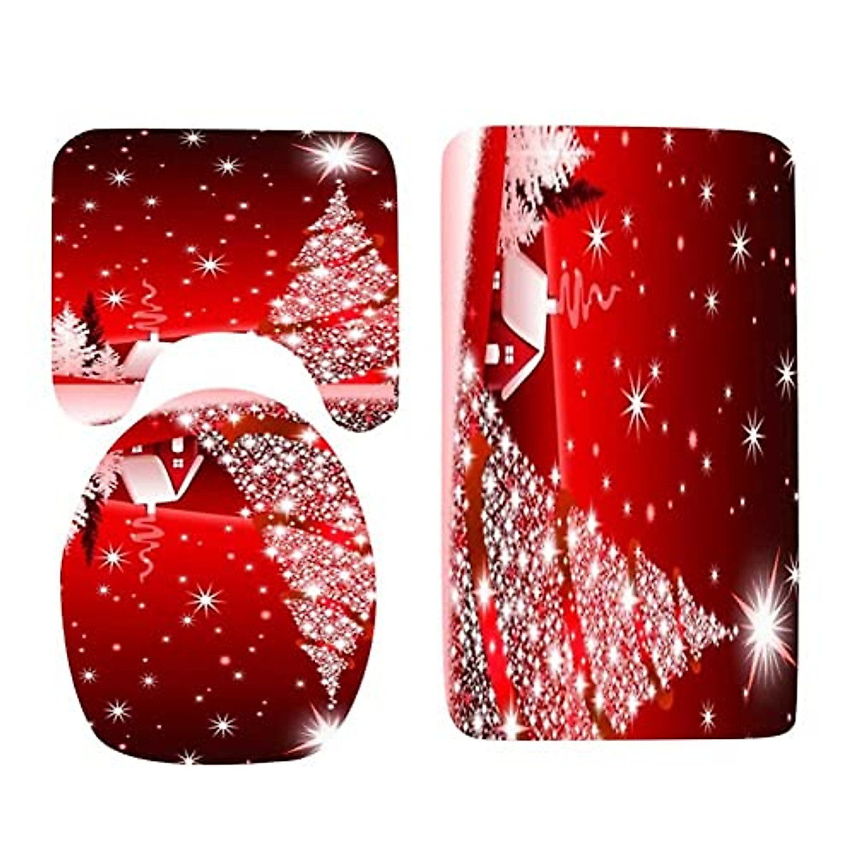 Jlong Merry Christmas Shower Curtain Sets for Bathroom, 4Pcs Xmas Elk Snowman Bell Shower Curtain Non-Slip Bathroom Rugs Lid Toilet Cover Bath Mat and 12 Hooks, Durable Waterproof Bathroom Set Decor