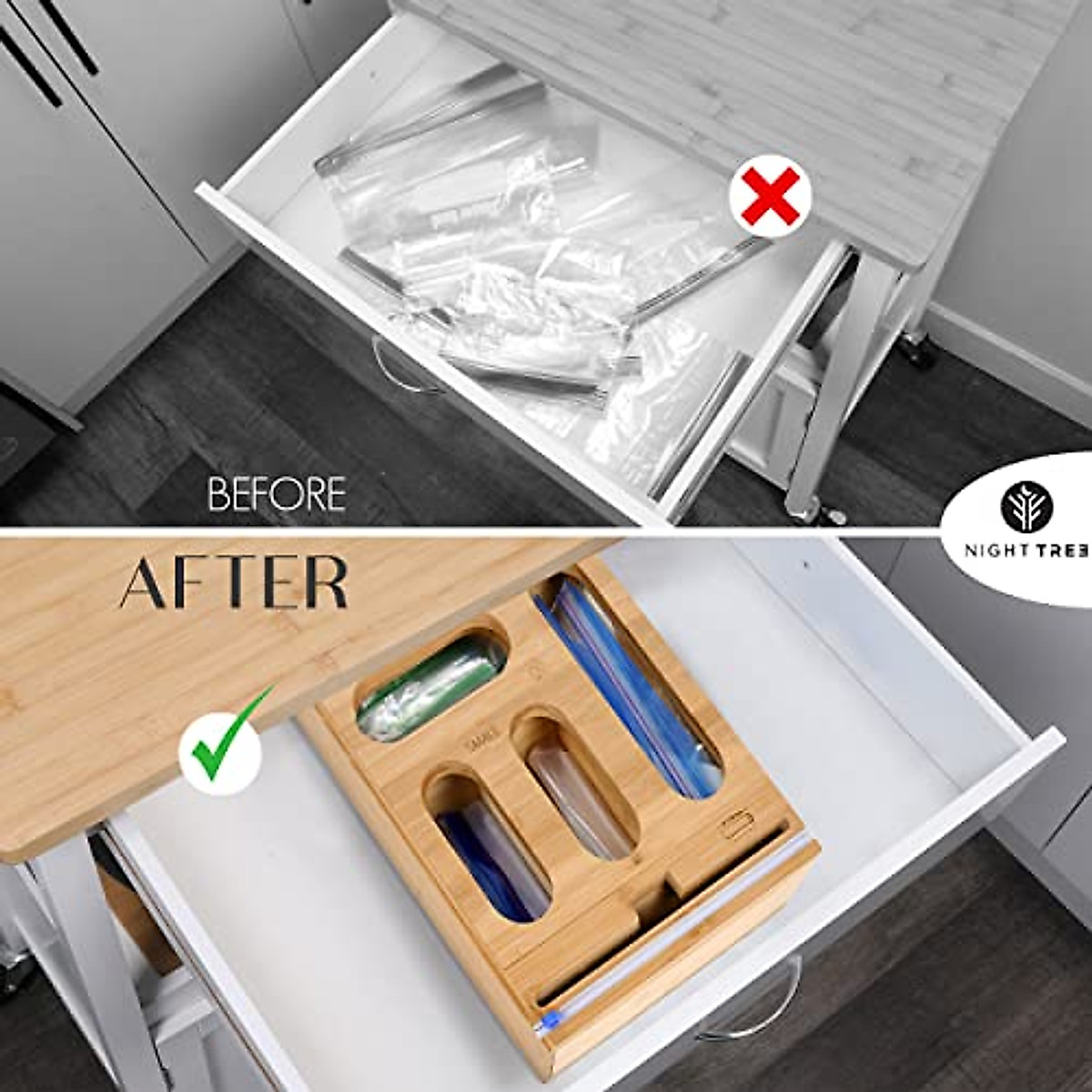 Night Tree Plastic bag storage organizer - Ziplock Sandwich bag organizer for kitchen plastic bag storage or Wall Mount - 5 in 1 Includes Plastic Wrap or Foil dispenser with Cutter