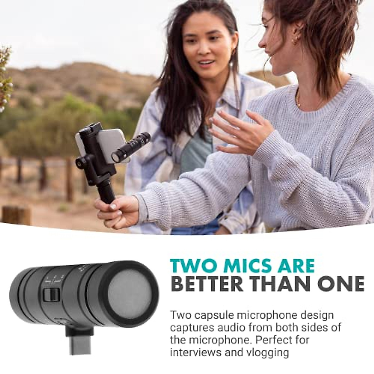 Movo DoubleMic-UC Dual Capsule Phone Microphone for USB-C Devices- Two-Sided Cardioid Condenser Android Shotgun Mic for Video Recording- Professional Microphone for Samsung, iPad Pro, Google Pixel
