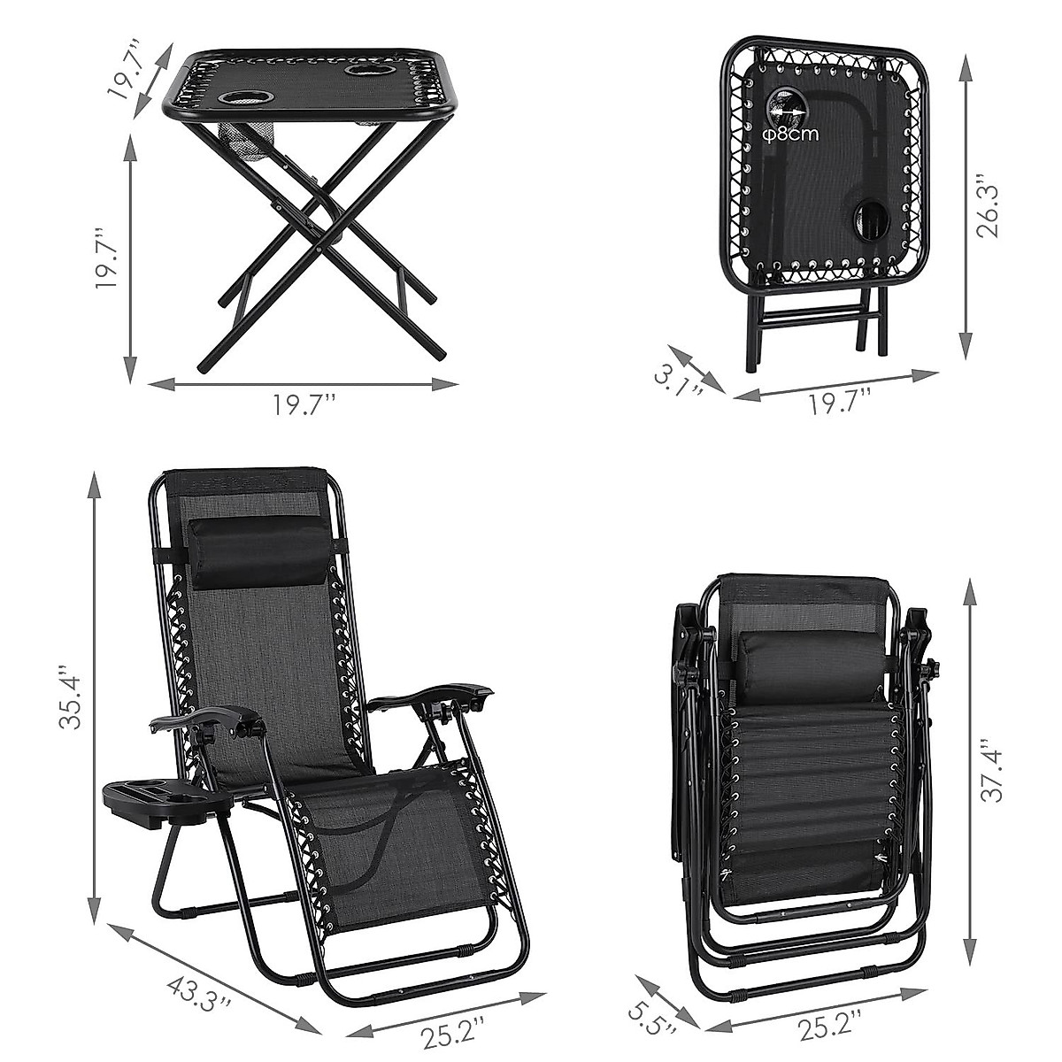AthLike Outdoor Textilene Zero Gravity Chairs Set, Adjustable & Folding Patio Lawn Reclining Lounge, Anti-Gravity Camping Metal Steel Chair w/Side Table, Cup Holders, Pillows (Black)