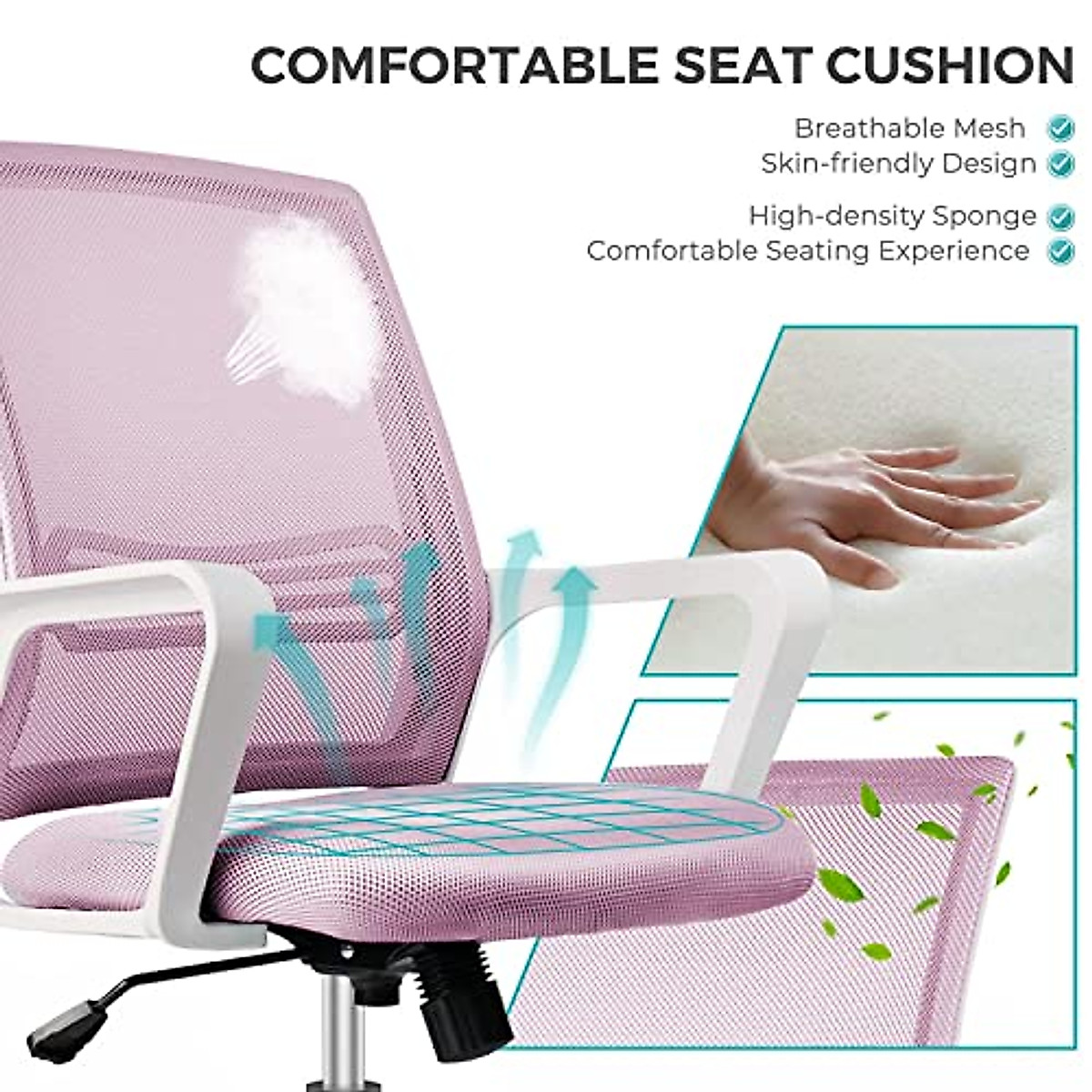 Office Chair, Desk Chair Ergonomic Pink Office Chair Computer Chair, Home Office Desk Chairs with Wheels Pink Desk Chair, Mid Back Mesh Office Chair Rolling Swivel Chair with Lumbar Support Armrests
