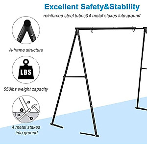 Hishine Swing Stand for Porch Outdoor Heavy Duty Swing Frame, Full Steel Metal Frame with 4 Ground Pegs, 71" Height Holds Up to 550lbs, Black (Swing NOT Included)