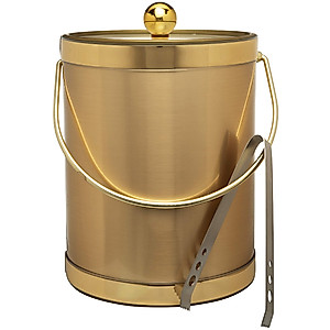 Mr. Ice Bucket By Stephanie Imports Hand Made In USA Brushed Gold Double Walled 5-Quart Insulated Ice Bucket With Ice Tongs (Metallic Deco Collection)