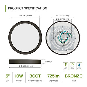 ASD LED 5" Round Flush Mount Light | 10W 720LM 3000-5000K 120V | 3CCT, Dimmable, Ultra Slim, ETL Listed | Thin Surface Lamp, Bedroom Ceiling Lighting | Bronze, 6 Pack