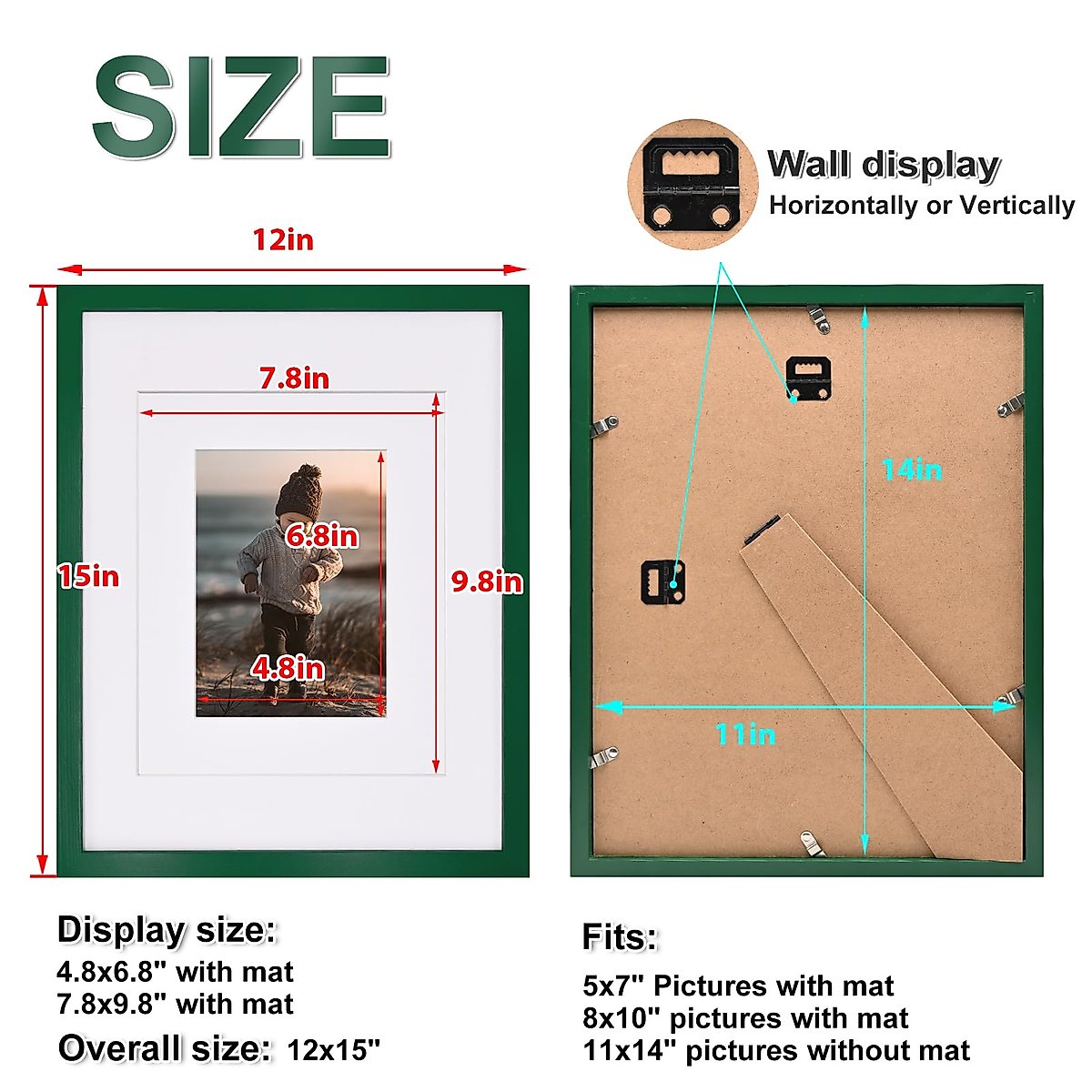 KINLINK 11x14 Picture Frame Green, Solid Wood Frames with Acrylic Plexiglass for Pictures 5x7/8x10 with Mat or 11x14 without Mat, Tabletop and Wall Mounting Display, Set of 4