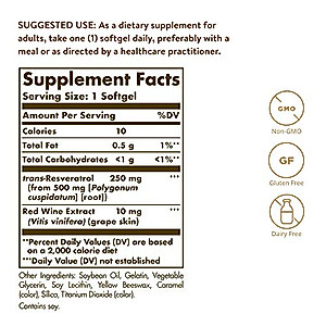 Solgar Resveratrol with Red Wine Extract, 250 mg, 60 Softgels - Antioxidant Protection - Immune Support - Red Wine Polyphenol - Non-GMO, Gluten Free, Dairy Free - 60 Servings