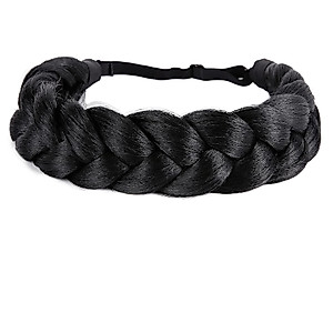 STHEJFB Bohemian Braided Headband Oversized Classic Wide Braids Adjustable Elastic Strap Synthetic Wig Headband Women's Braids Beauty Accessories (Black 1B)