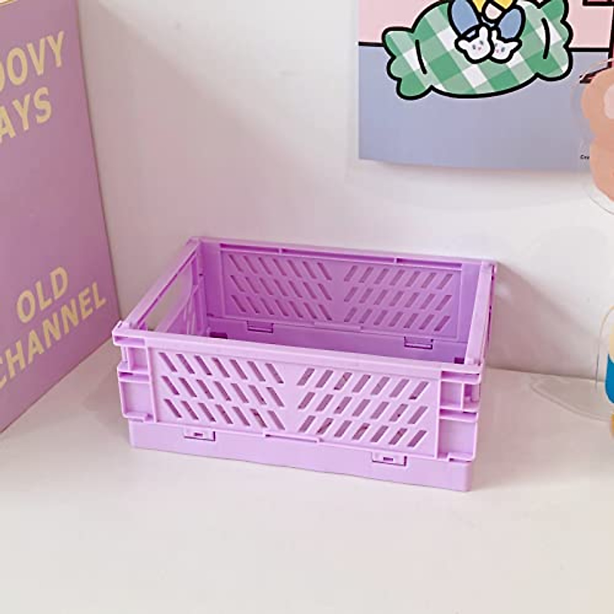 Mini Collapsible Storage Basket Stackable Storage Bin Crates Container Folding Plastic Storage Box with Handle Foldable Plastic Storage Case for Stationery Snacks Cosmetics(Purple)