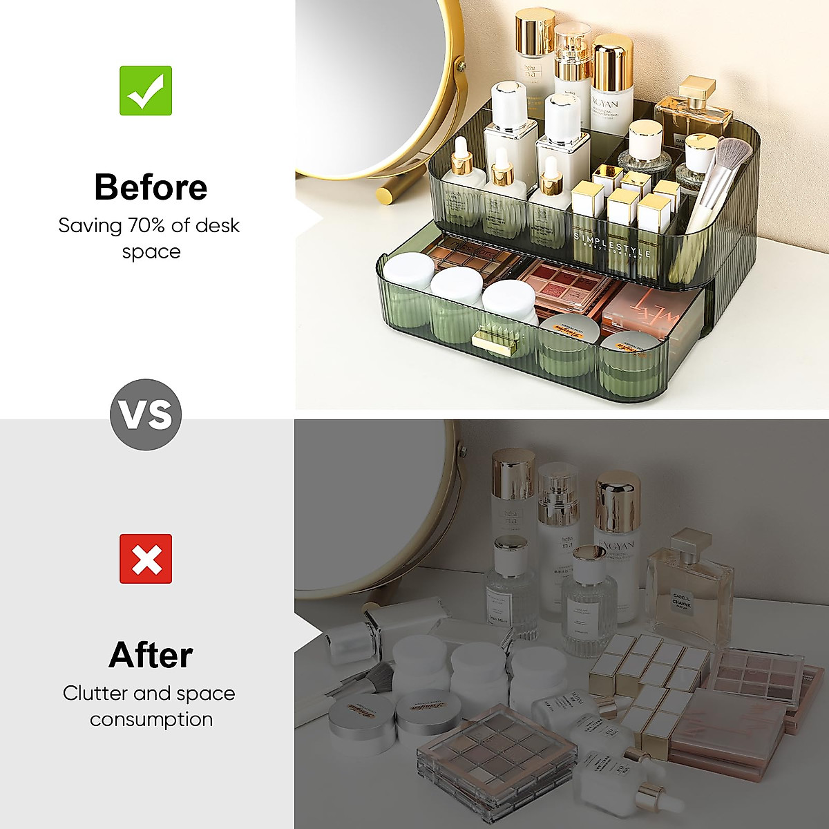 Makeup Organizer with Drawer, Large Capacity Countertop Organizer for Vanity, Bathroom and Bedroom Desk Cosmetics Display Case for Lotions, Brushes, Perfumes, Eyeshadow, Lipstick and Nail Polish